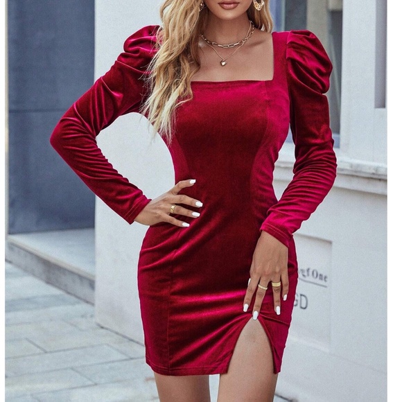 BellanBlue | Dresses | Luxe Red Velvet Puff Sleeve Party Holiday ...